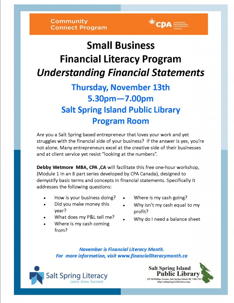 13 Nov Financial Literacy Workshop Flyer – Salt Spring Literacy